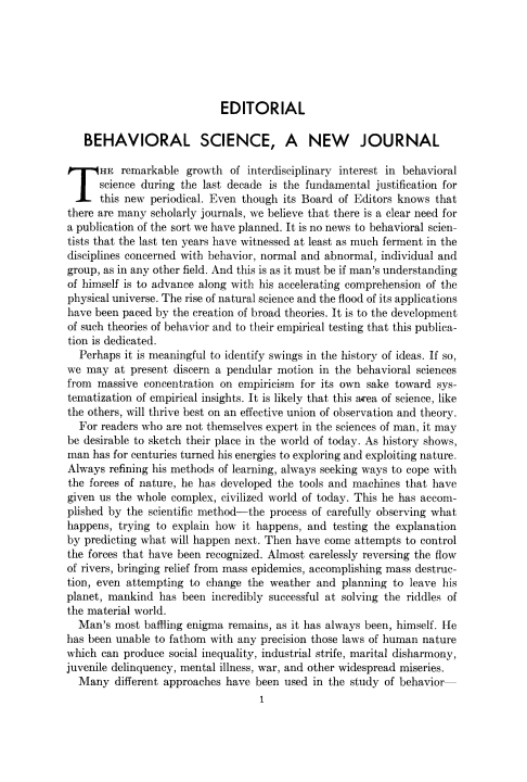 Behavioral Science, A New Journal | 1956 | James Grier Miller | Systems ...